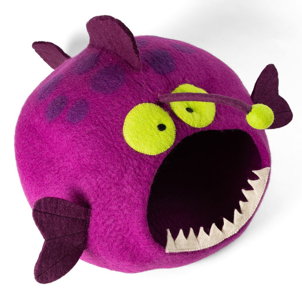 Handmade, 100% Wool, Magenta Angler Fish Cat Cave Bed - TwinCritters