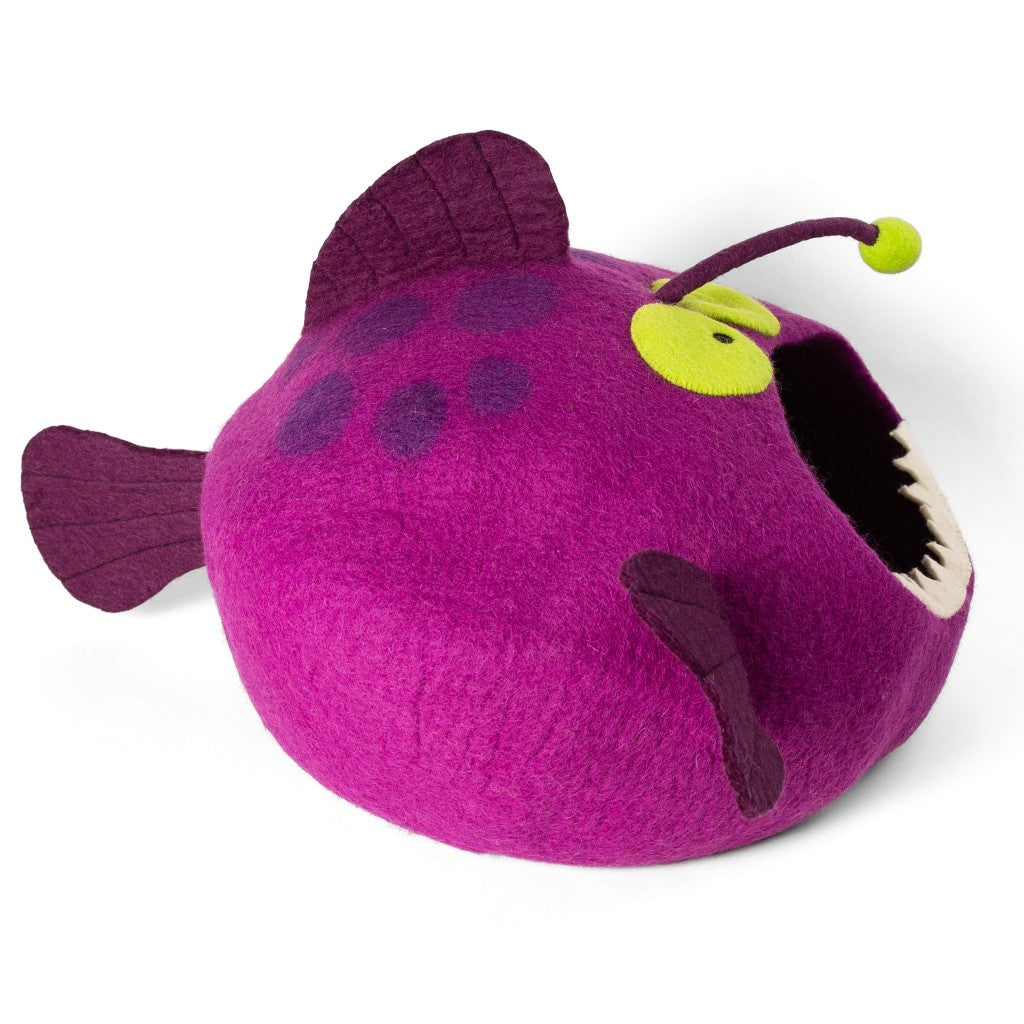 Handmade, 100% Wool, Magenta Angler Fish Cat Cave Bed - TwinCritters