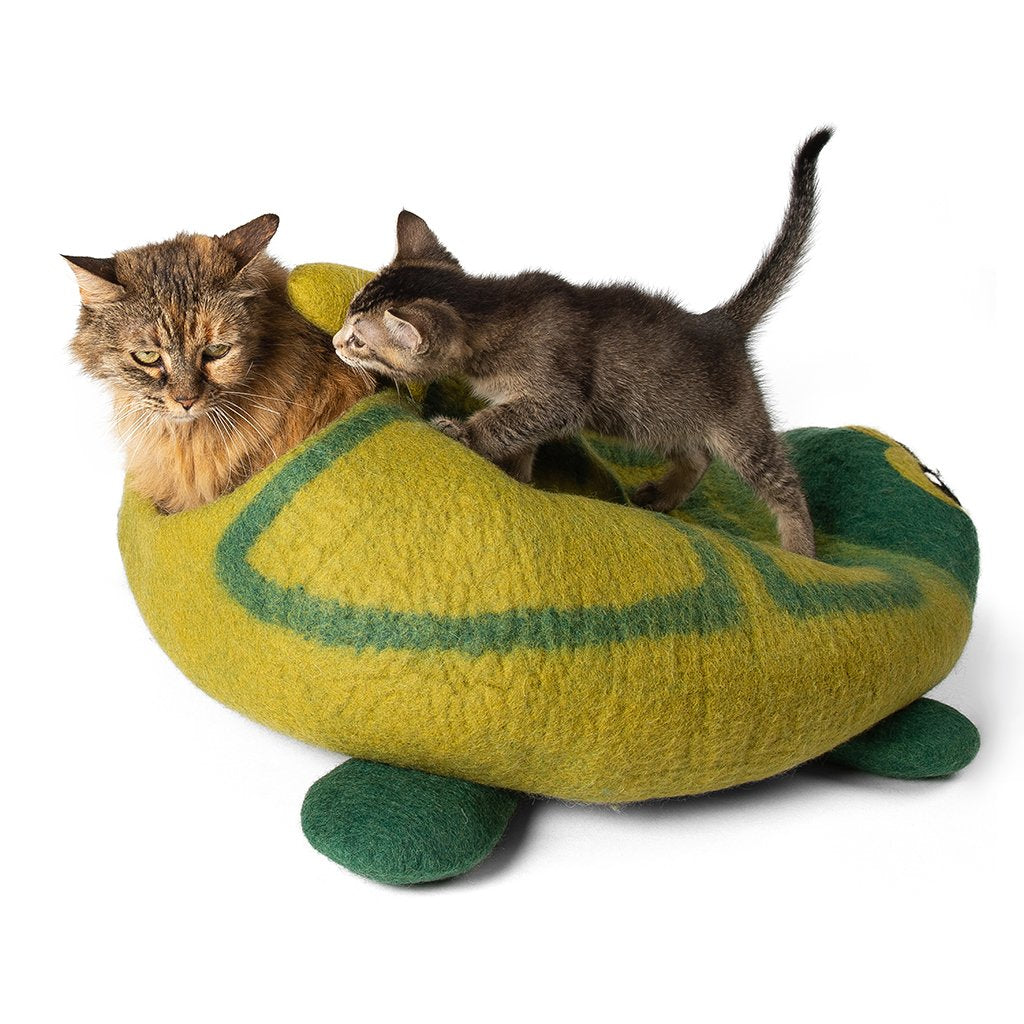 Handmade, 100% Wool, Yellow Turtle Cat Cave Bed - TwinCritters